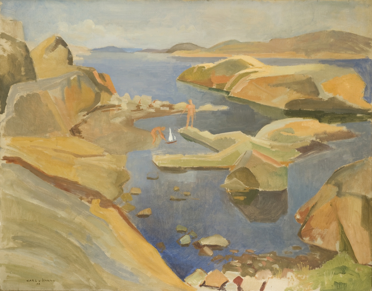 Gutter med seilbåter [Oljemaleri] - Norsk Maritimt Museum / DigitaltMuseum